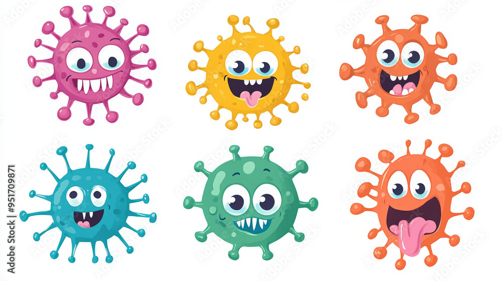 Cartoon vector characters of bacteria, microbes, and viruses with ...