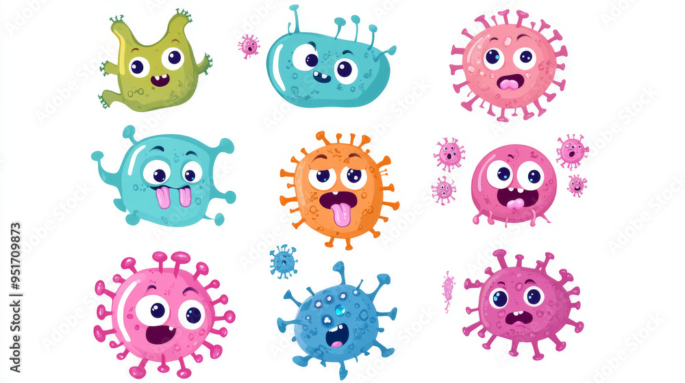 Cartoon vector characters of bacteria, microbes, and viruses with ...