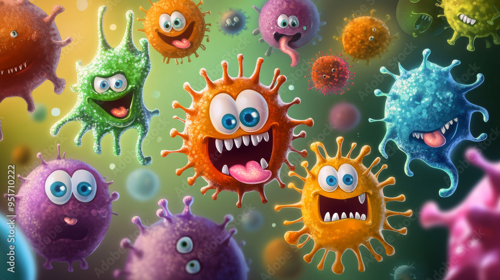 Cartoon vector characters of bacteria, microbes, and viruses with ...