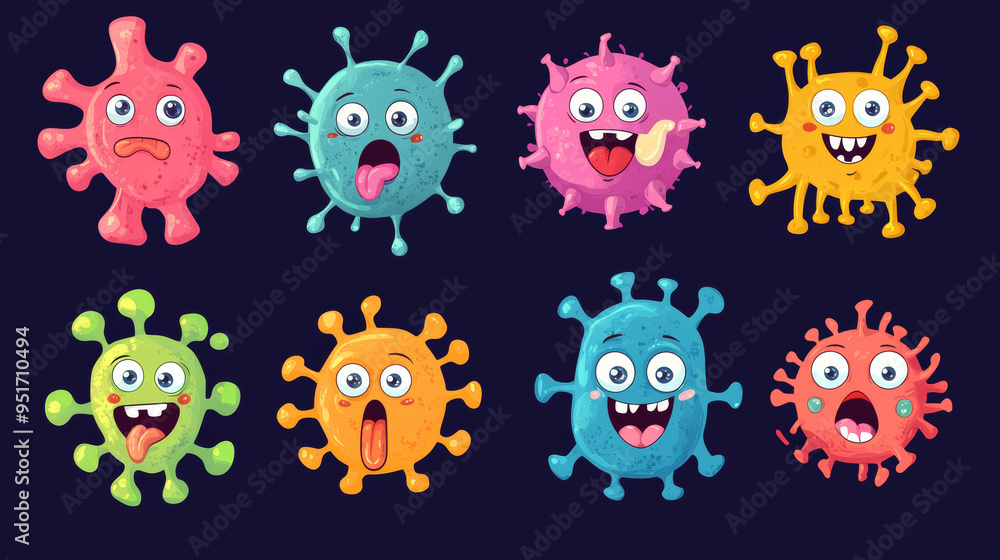 Cartoon vector characters of bacteria, microbes, and viruses with ...