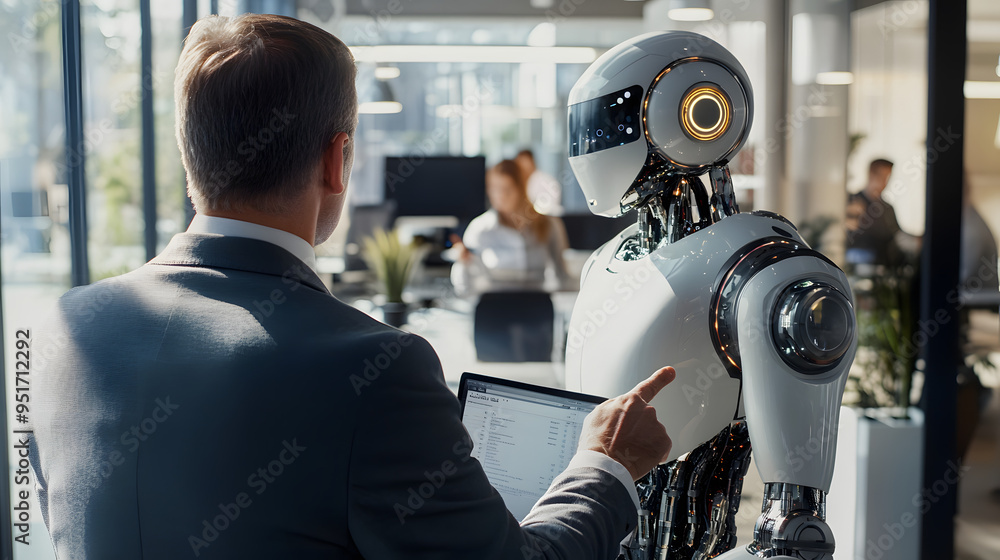 Business man working with AI artificial intelligence humanoid robot in ...