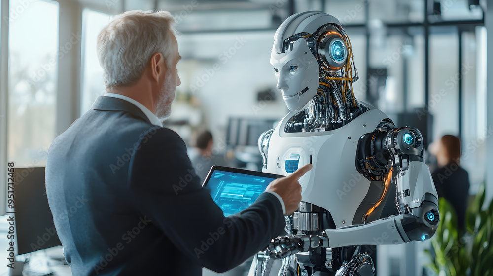 Business man working with AI artificial intelligence humanoid robot in ...