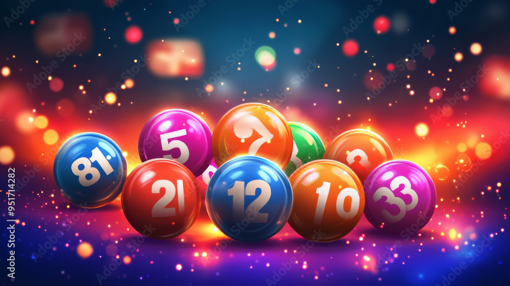 Bingo lottery balls and cards featuring lucky numbers, set against a ...