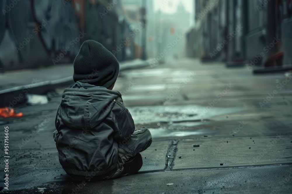poignant scene of lonely child sitting on urban sidewalk evoking themes ...