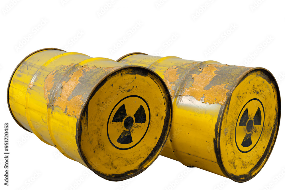 Barrel with radioactive waste. Nuclear warning sign. Rusty dangerous ...