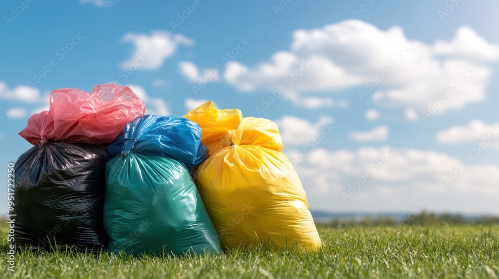 Colored plastic garbage bags in black, green, yellow, blue, and red ...