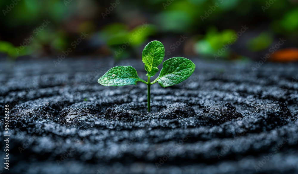 New green plant sprouting from spiraled dark soil in a garden. A small ...