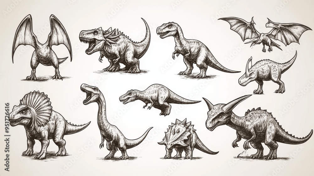 ภาพประกอบสต็อก Icons of prehistoric reptiles. Dinosaur sketches ...