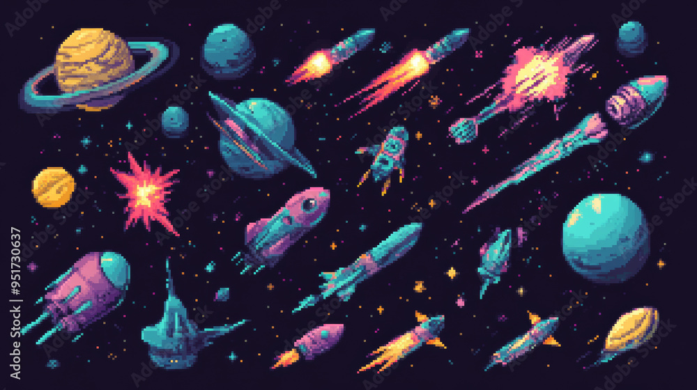 8-bit pixel art space game assets, including galaxy planets, rockets, starcraft, and retro ...