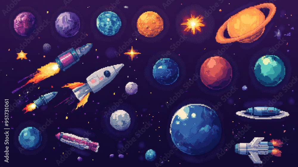 8-bit pixel art space game assets, including galaxy planets, rockets ...