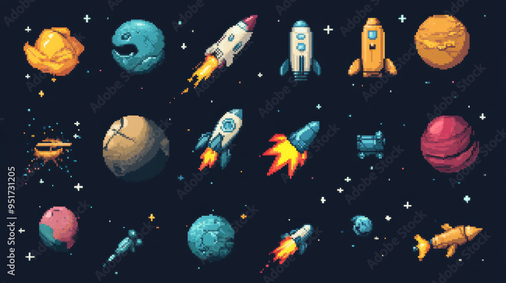 8-bit pixel art space game assets, including galaxy planets, rockets, starcraft, and retro ...