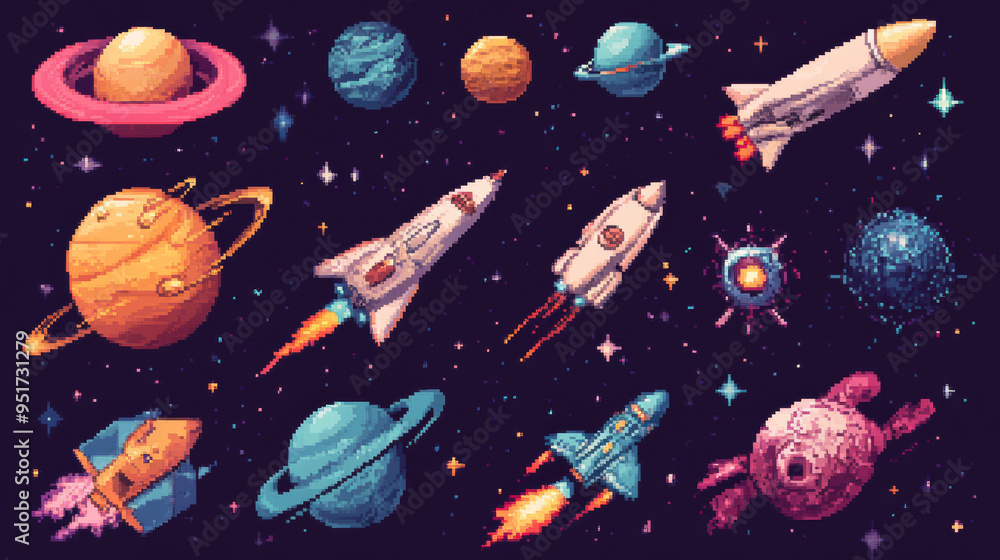 8-bit pixel art space game assets, including galaxy planets, rockets, starcraft, and retro ...