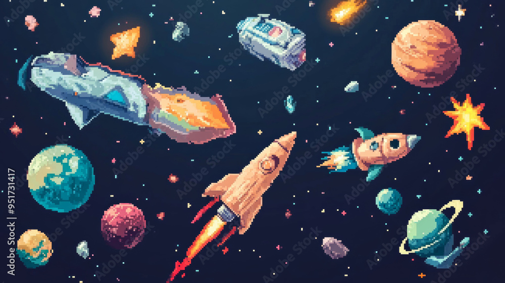 8-bit pixel art space game assets, including galaxy planets, rockets ...