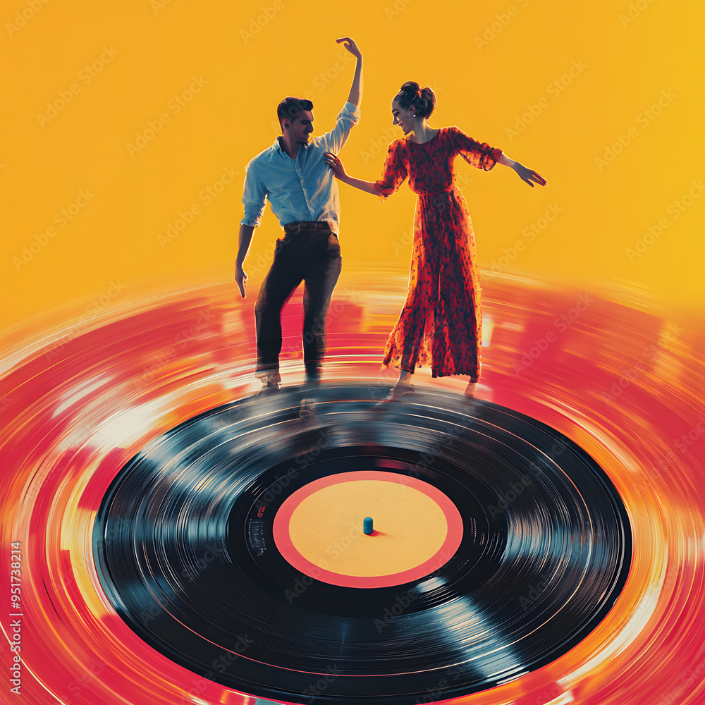 Retro vibes in full swing. Lively couple dancing on giant vinyl record ...