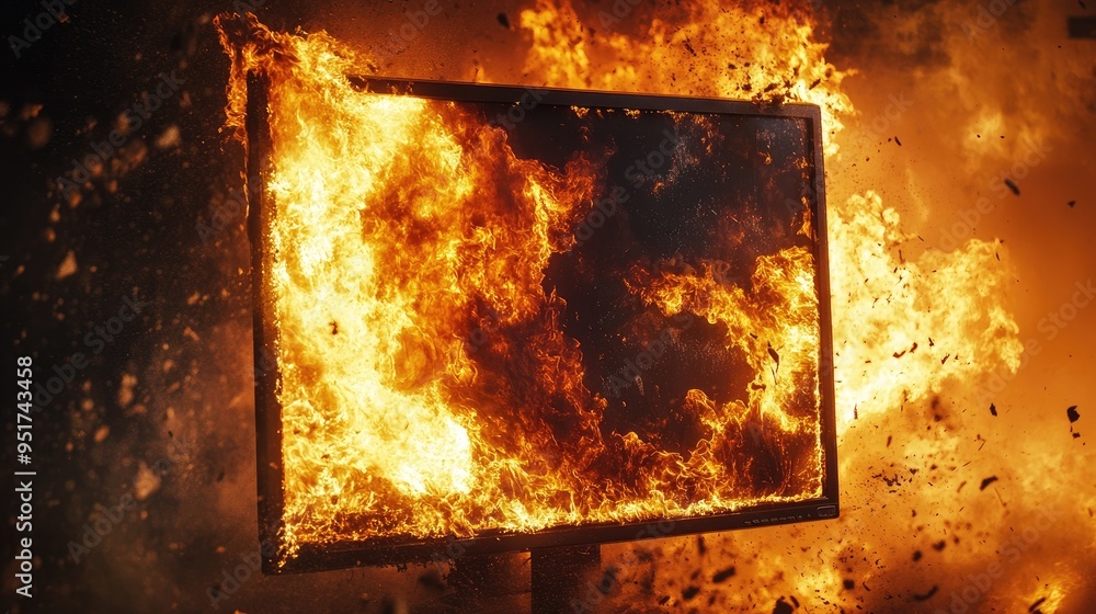 A monitor erupts in flames and thick smoke, the screen cracking as the ...