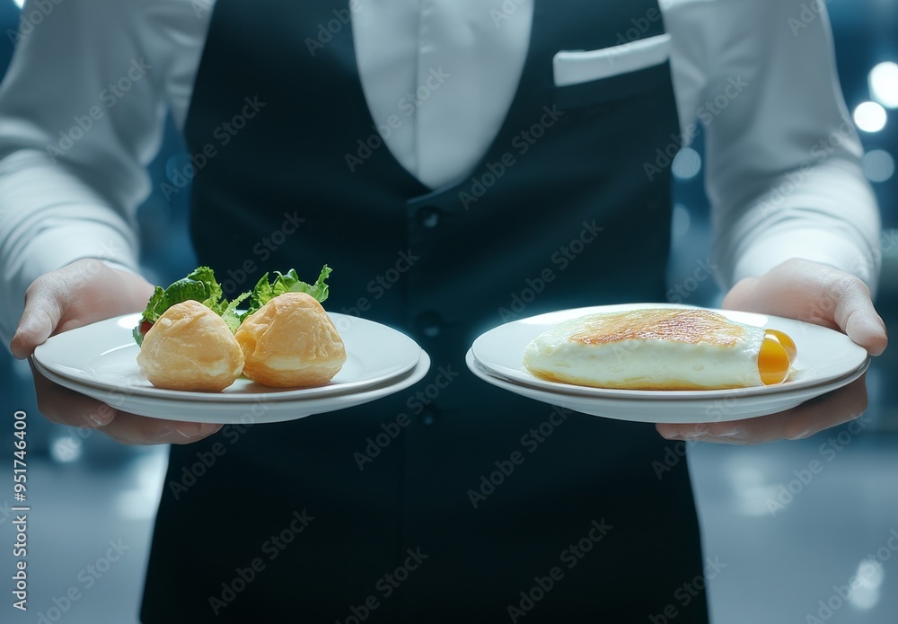 Elegant waiter holding plates with fried puffs and egg dish Stock Photo ...