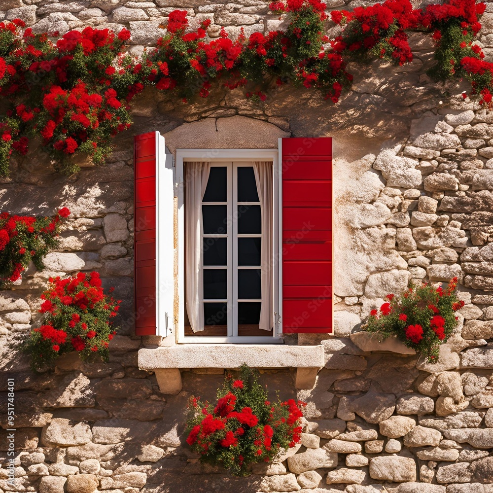 finestra di casa antica con imposte rosse e fiori rossi Stock Photo ...