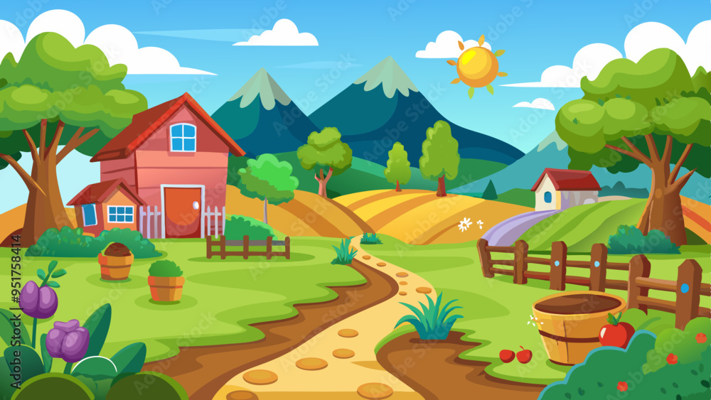 landscape with houses and trees. Funny countryside scenery with a ...