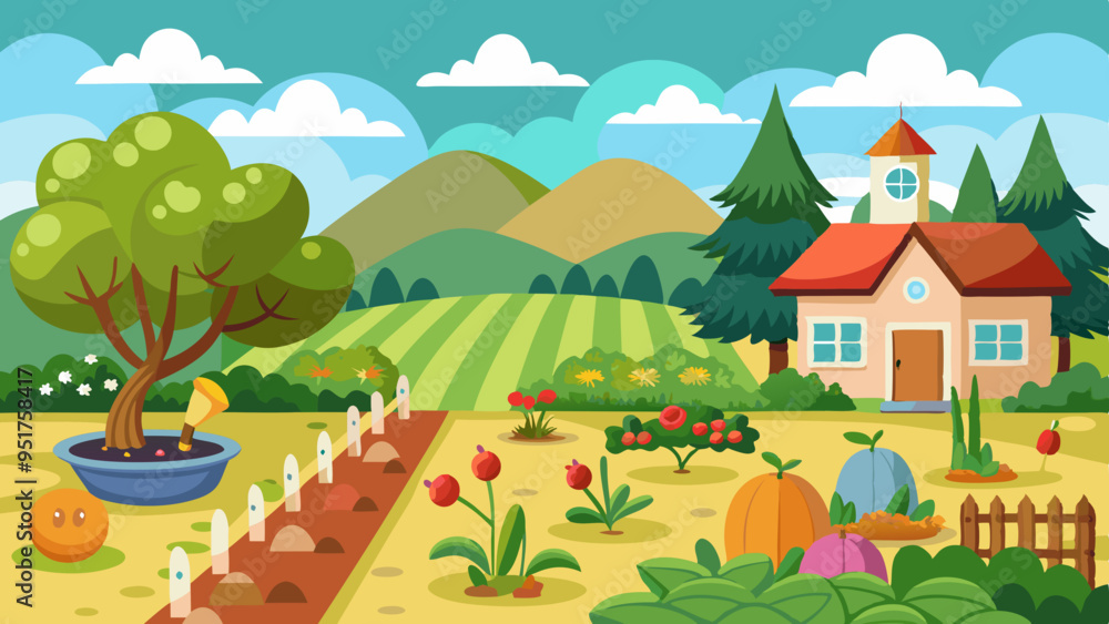 landscape with houses and trees. Funny countryside scenery with a ...