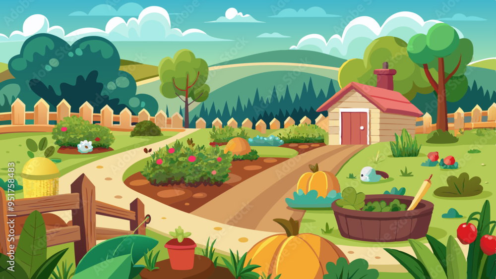 landscape with houses and trees. Funny countryside scenery with a ...