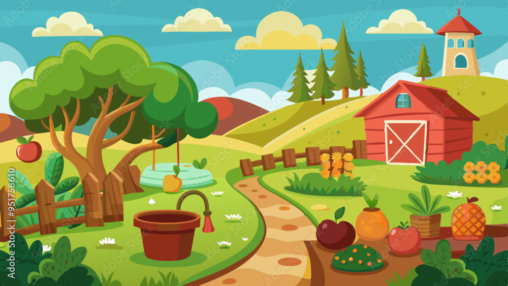 landscape with houses and trees. Funny countryside scenery with a ...