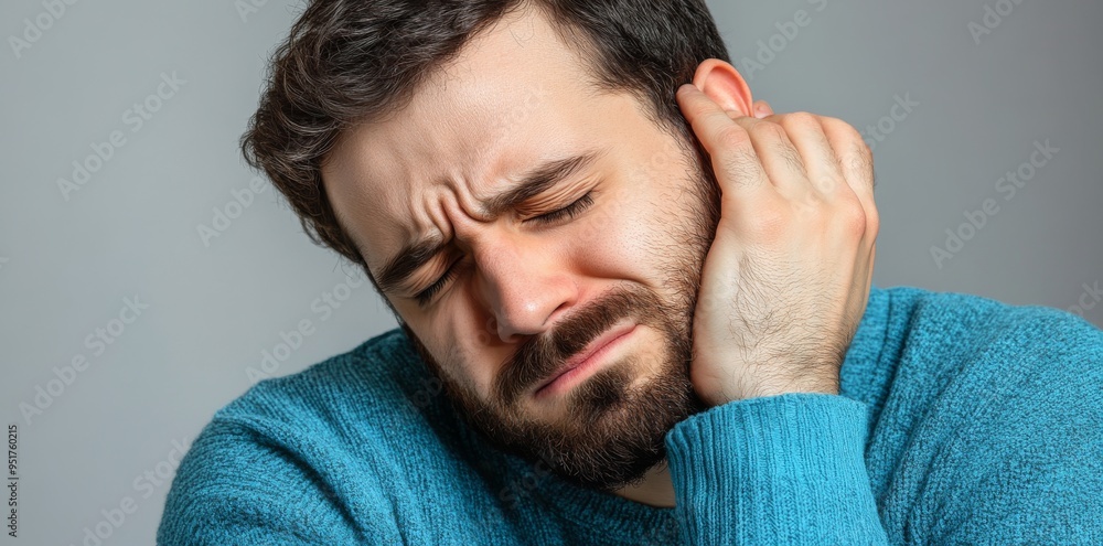 The scene features a male pressing his sore cheek against a studio ...