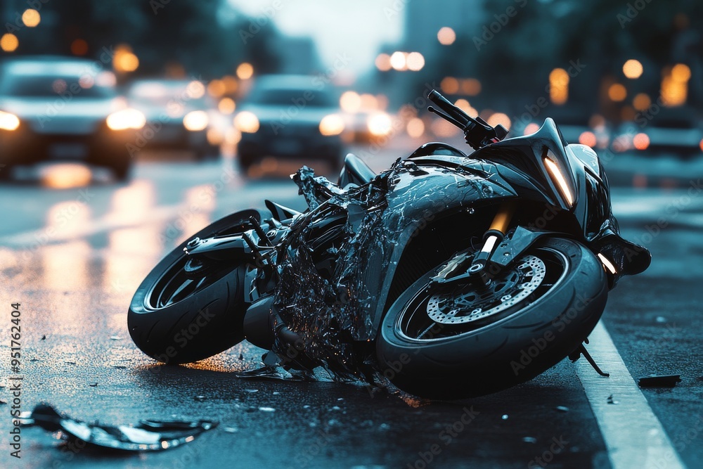 A broken motorcycle after an urban road traffic accident. Damaged ...