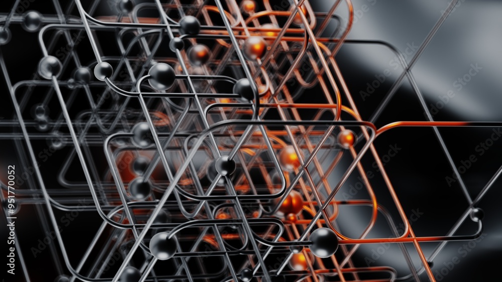 3D rendering, the metal spheres move slowly through the metal tubes ...