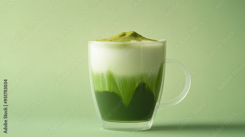 Matcha latte in a green layers and frothy milk on top ,on soft pastel ...