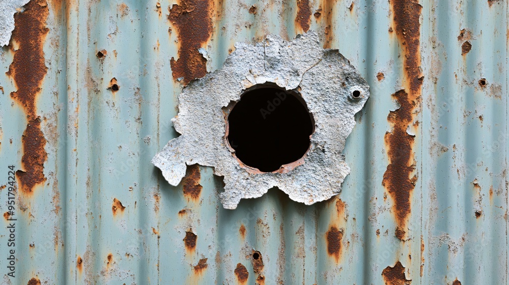 Realistic bullet hole in a metal wall, with peeling paint and rust ...