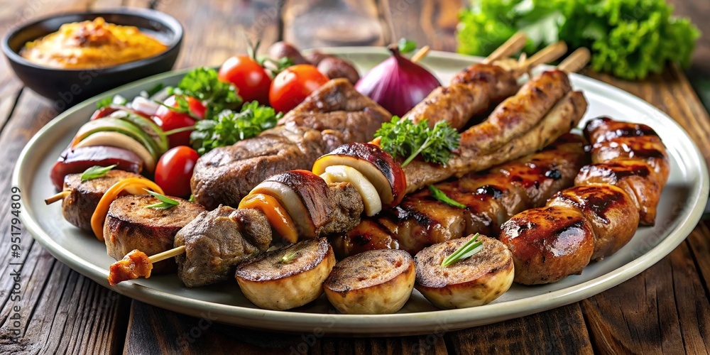 Close-Up plate of braaied South African braai meat including boerewors ...