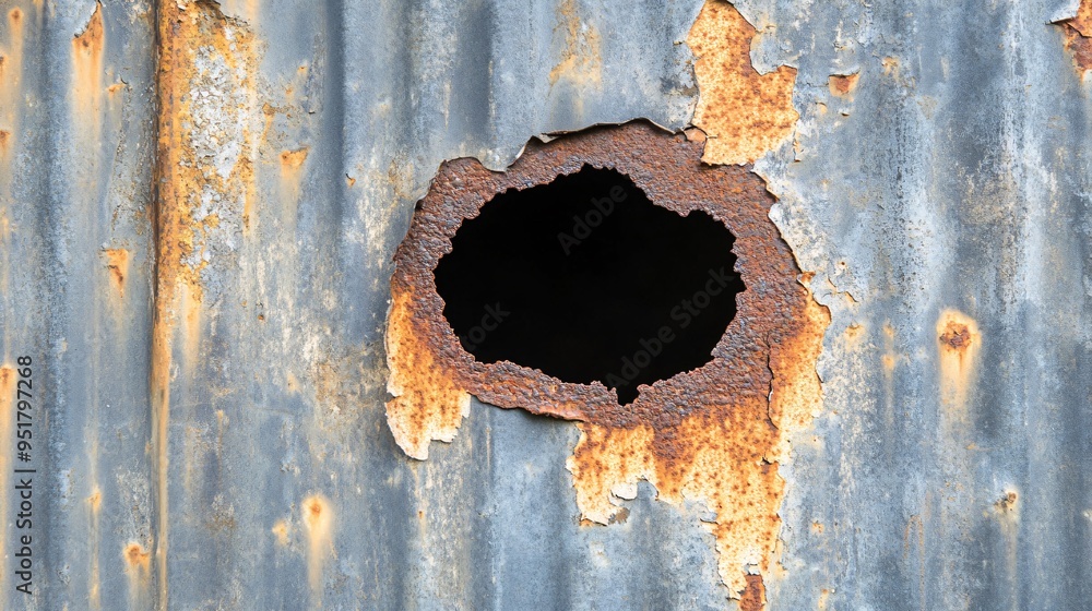Small, clean cut hole in a metal sheet wall showing rust and corrosion ...