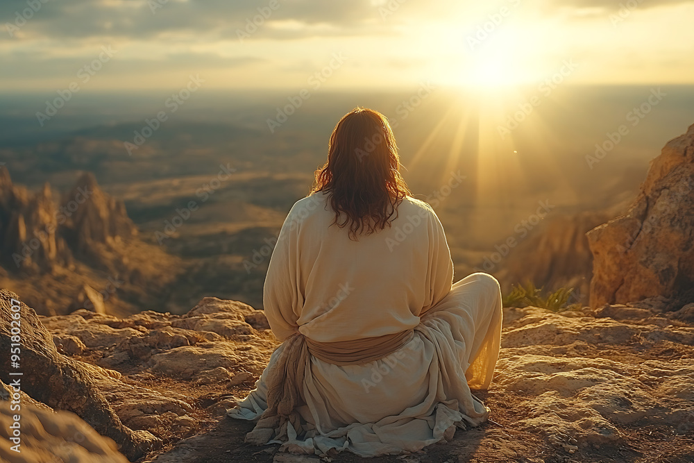 Jesus Christ, folding his hands and raising to the mountain, standing ...