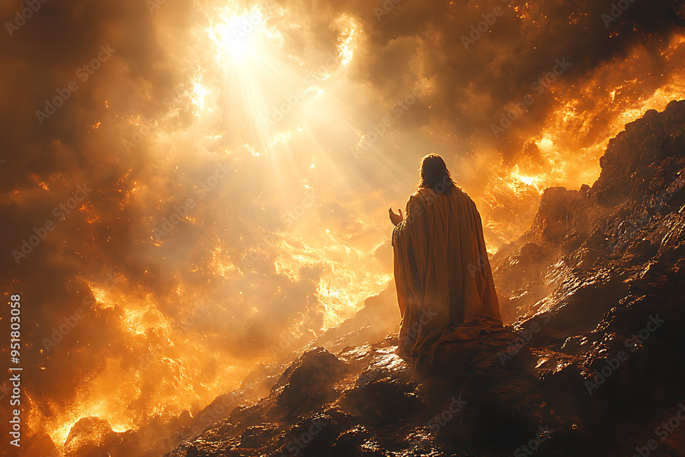 Jesus Christ, folding his hands and raising to the mountain, standing ...