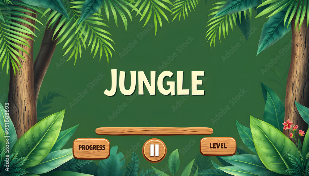 Jungle game interface. Ui game buttons, gui elements with vector palm leaves and exotic tropical ...