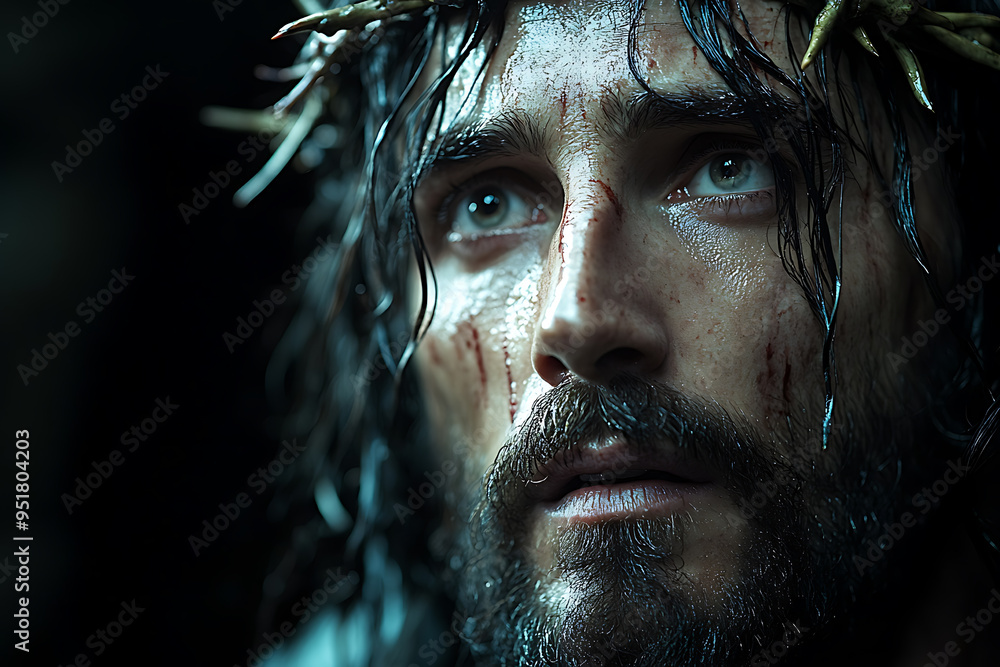 Jesus Christ illuminated by a single beam of light from above. A crown ...