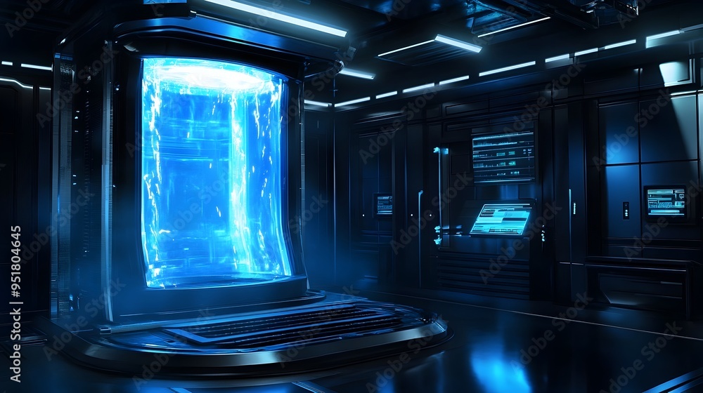 Quantum Teleportation Chamber Glowing Holographic Controls Sleek ...