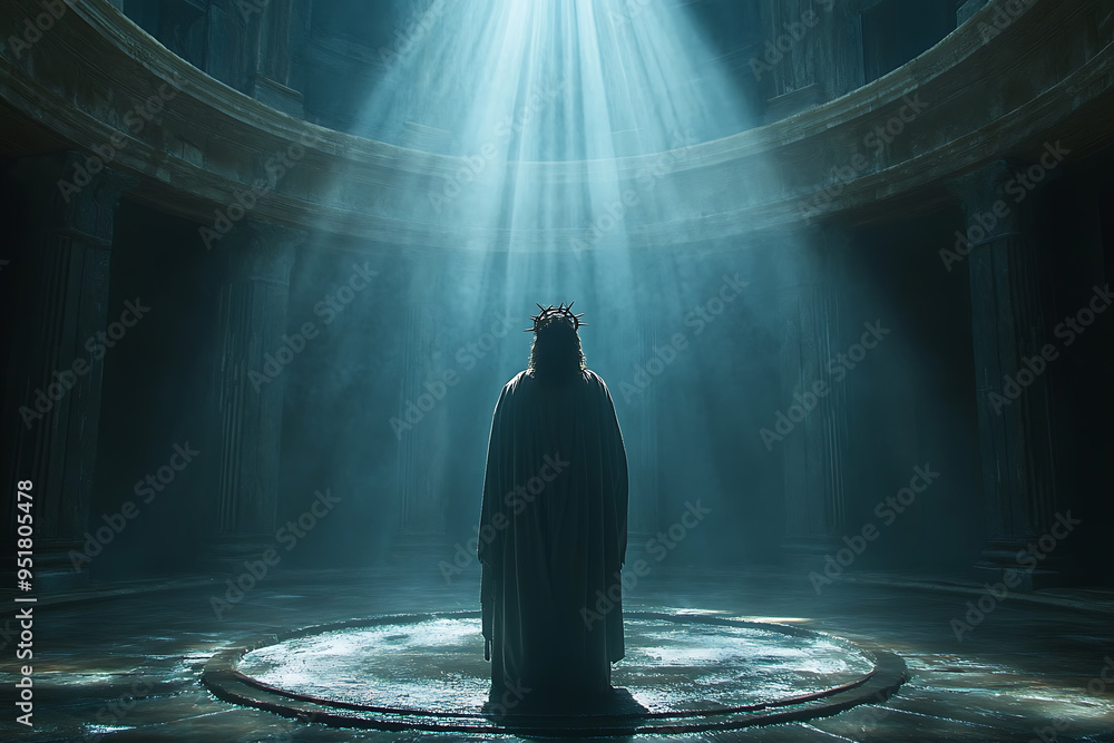 Jesus Christ illuminated by a single beam of light from above. A crown ...