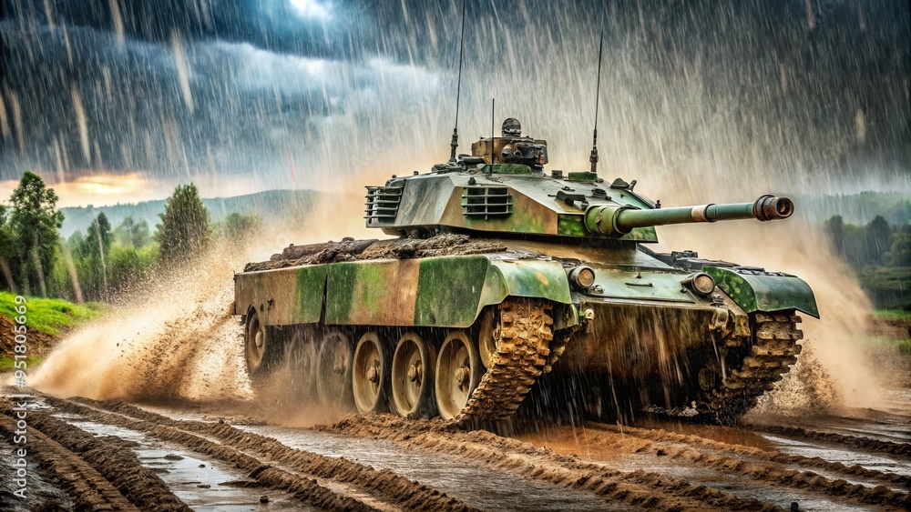 A British Army main battle tank navigates a rain-soaked landscape, its ...