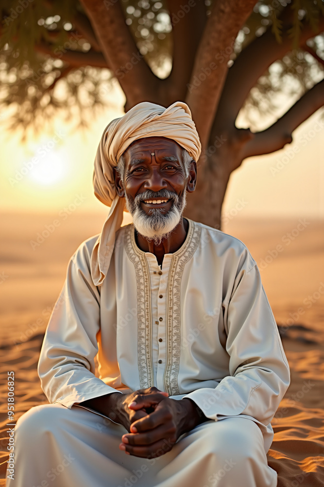 Elderly Chadian man in traditional boubou sitting under acacia tree in ...
