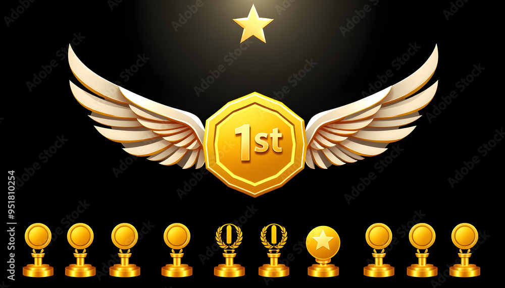 Gold game badge rank medal ui icon vector set. Isolated level trophy ...