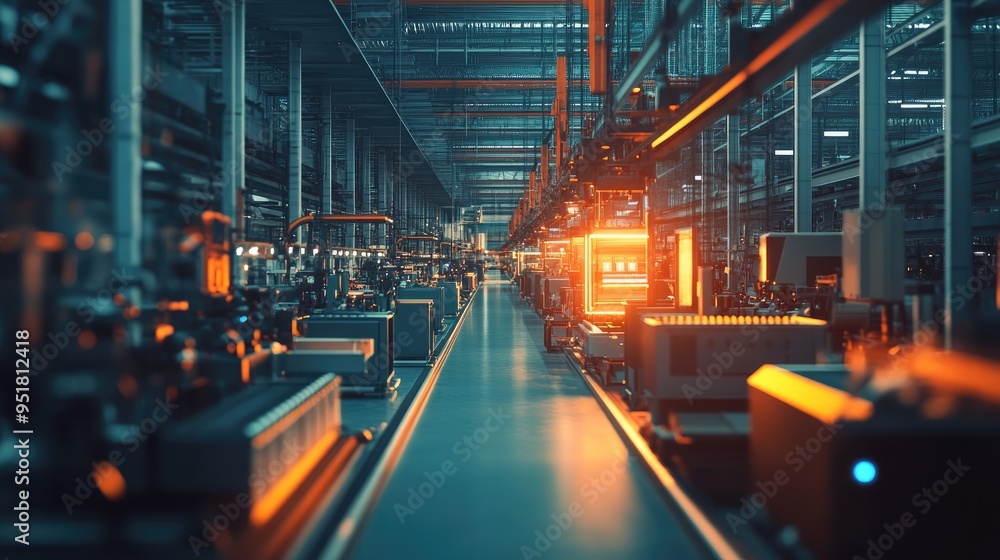 Brightly lit factory with a secure, organized assembly line, workers ...