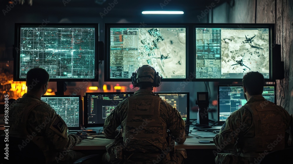 Soldiers gather around screens in a high-tech command center ...