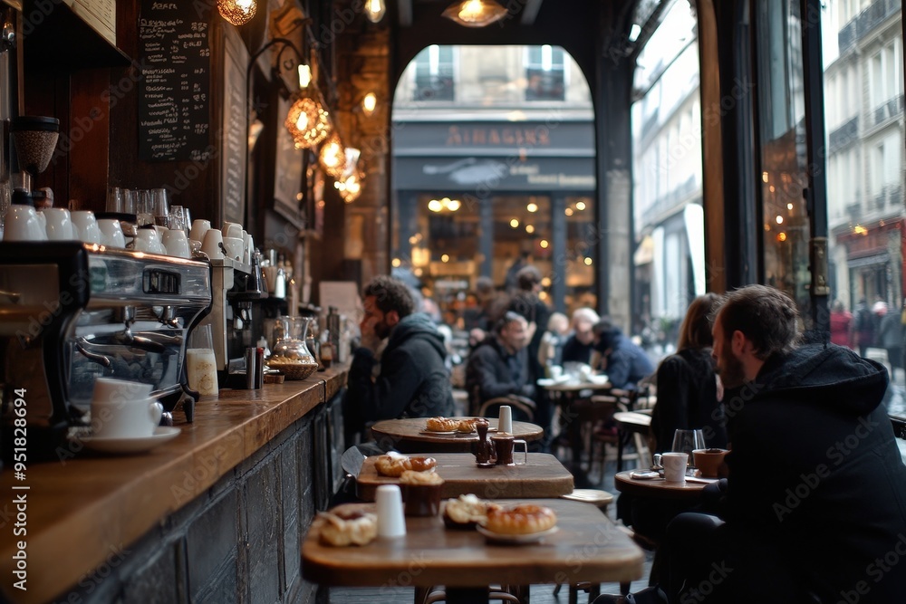 An inviting café setting featuring an elegant counter, patrons enjoying ...
