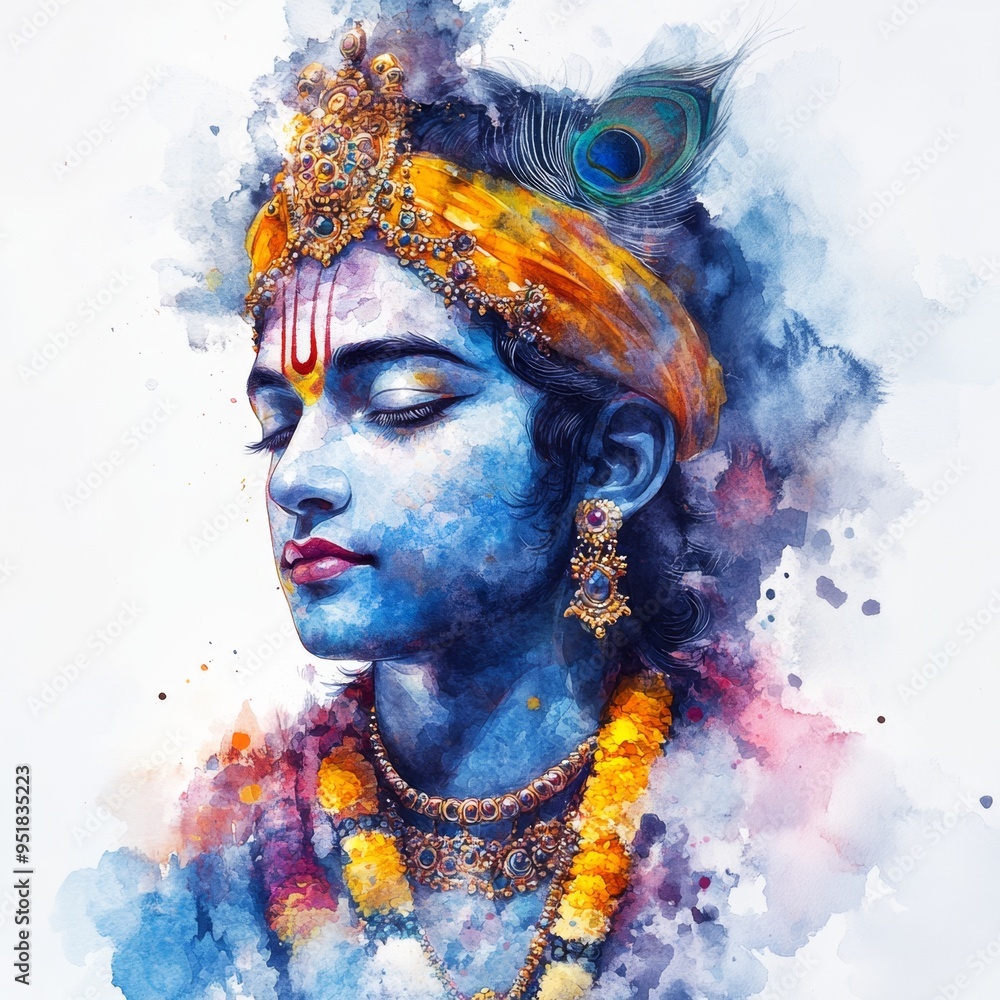 Divine Watercolor: Abstract Portrait of Krishna in Vibrant Blue-Orange ...