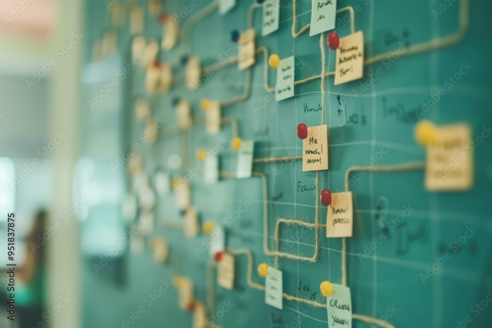 Close up of a kanban board showing a workflow with sticky notes ...