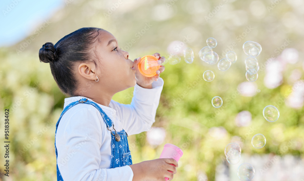 Child, girl and blowing bubbles outdoor for sensory play, childhood ...