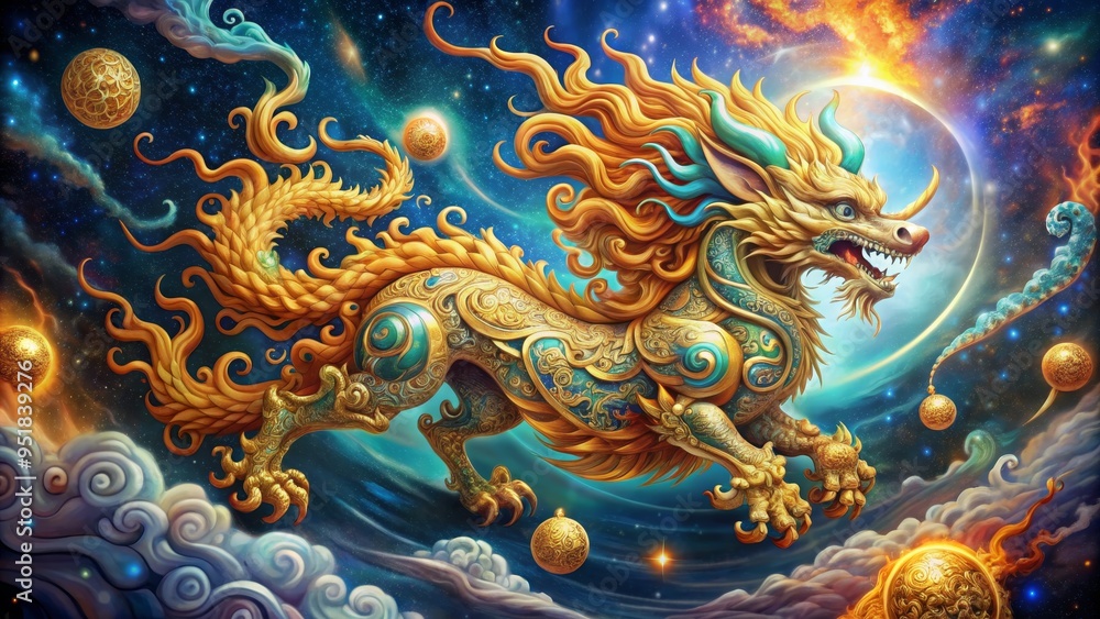 Celestial Guardian A Golden Lion Soaring Through the Cosmos, Digital ...