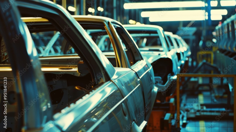 Rows of car bodies on an automated assembly line in a modern automotive ...