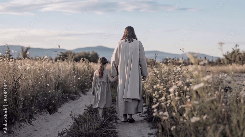 Jesus walks with little girl through summer field, talking about ...